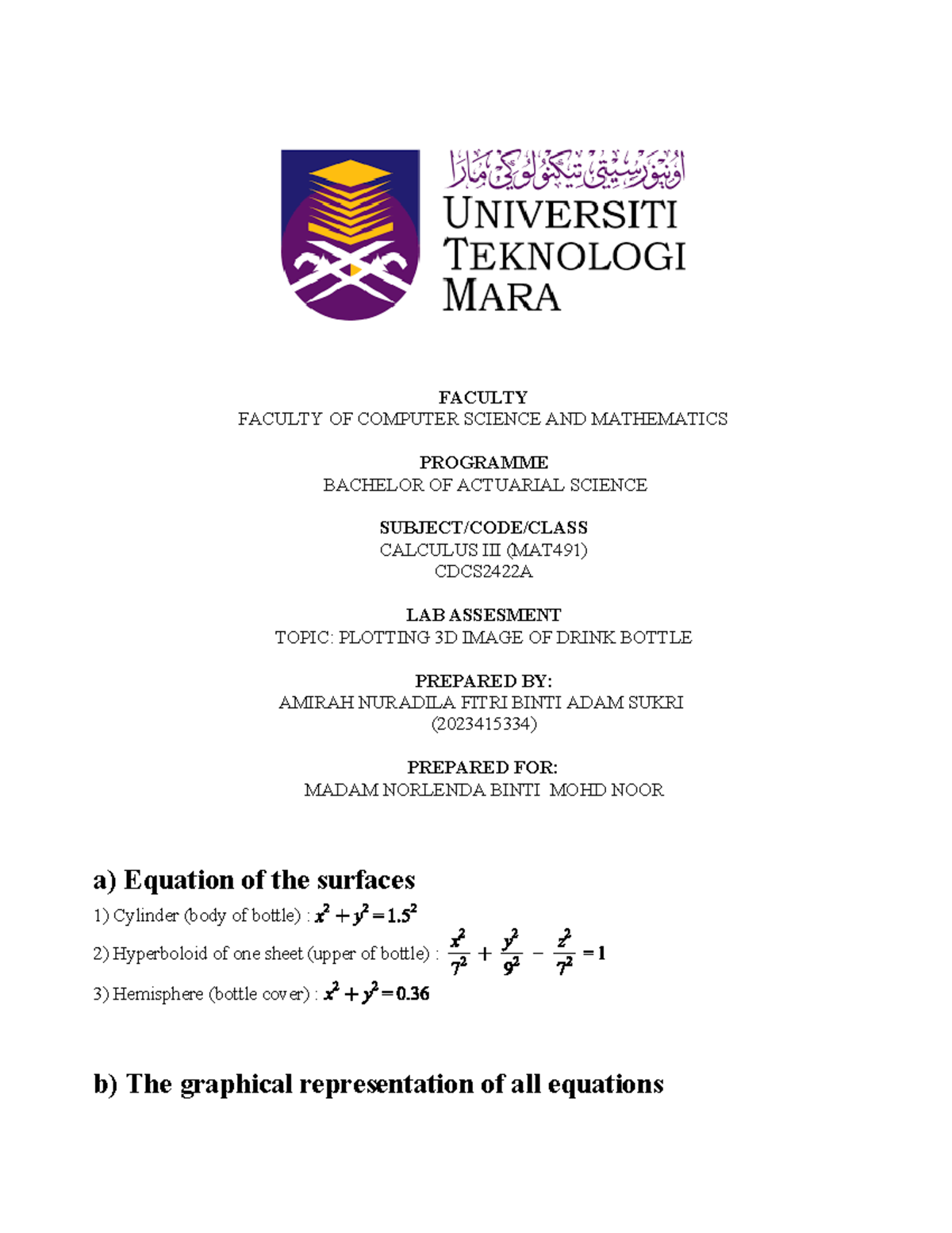 MAT491 Lab Assignment: Plotting 3D Image of a Drink Bottle - Studocu
