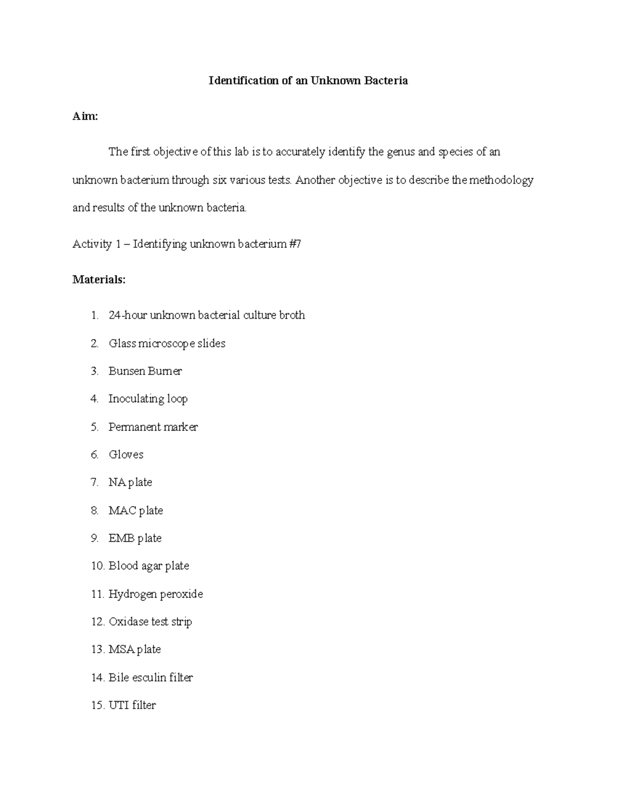 Identification Of An Unknown Bacteria - Identification of an Unknown ...