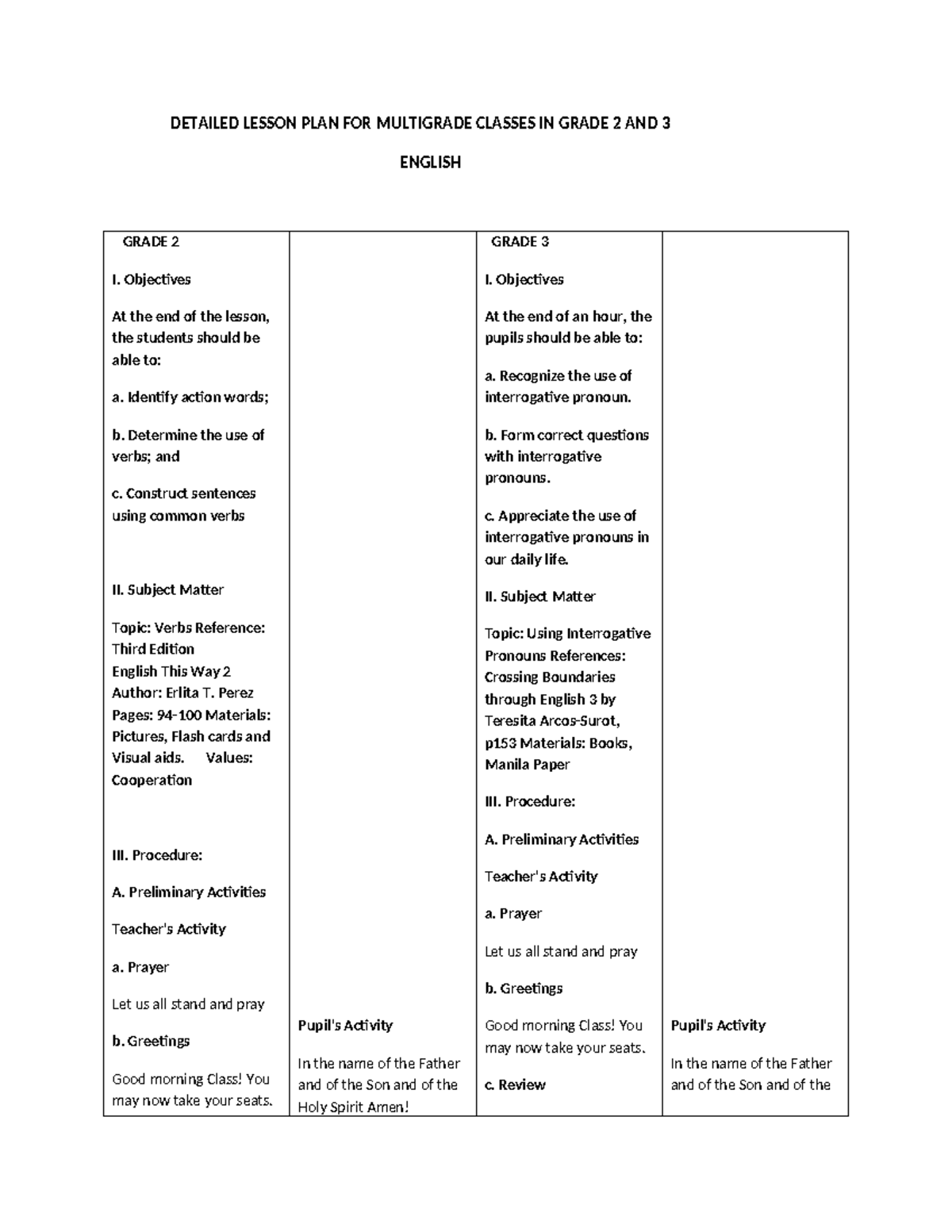 Detailed Lesson Plan for Multigrade Classes: English G2 & G3 - Studocu