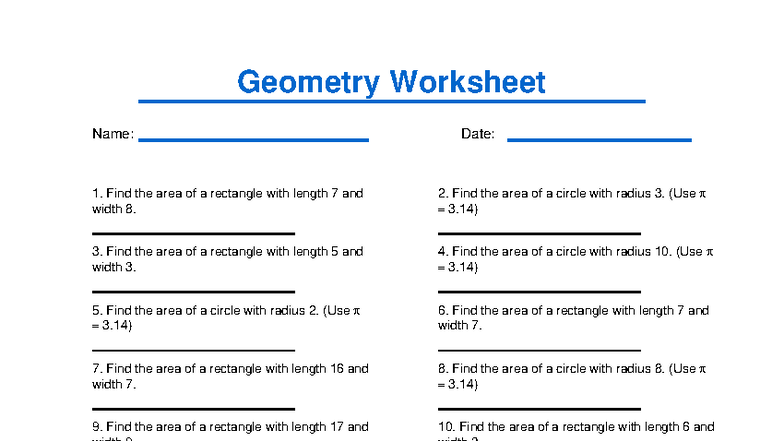Geometry Worksheet 8: Area Calculations and Answers - Studocu