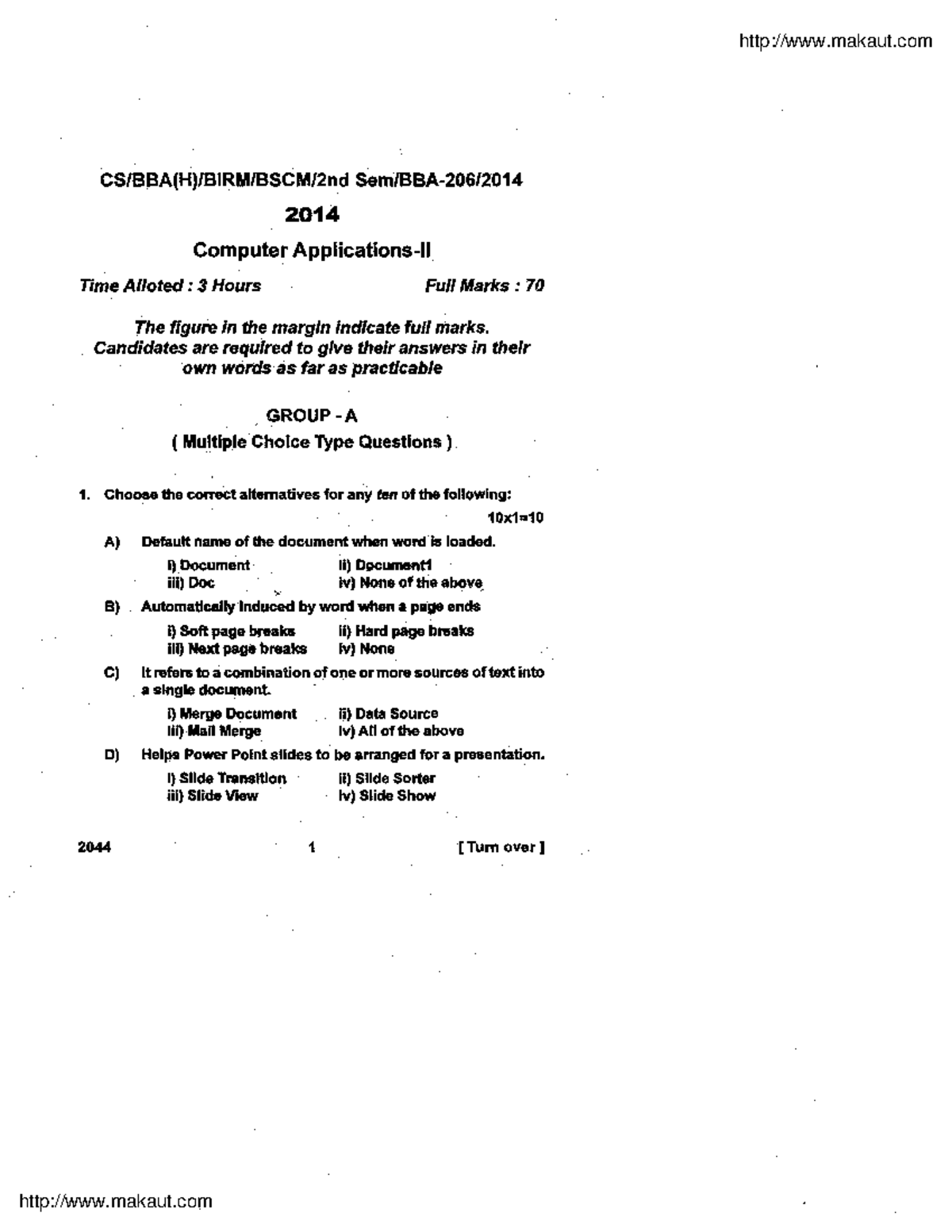 Bba(h) 2 sem computer application 2 bba 206 2014 - 2014 Computer Time Alloted : 3 Hours Full ...