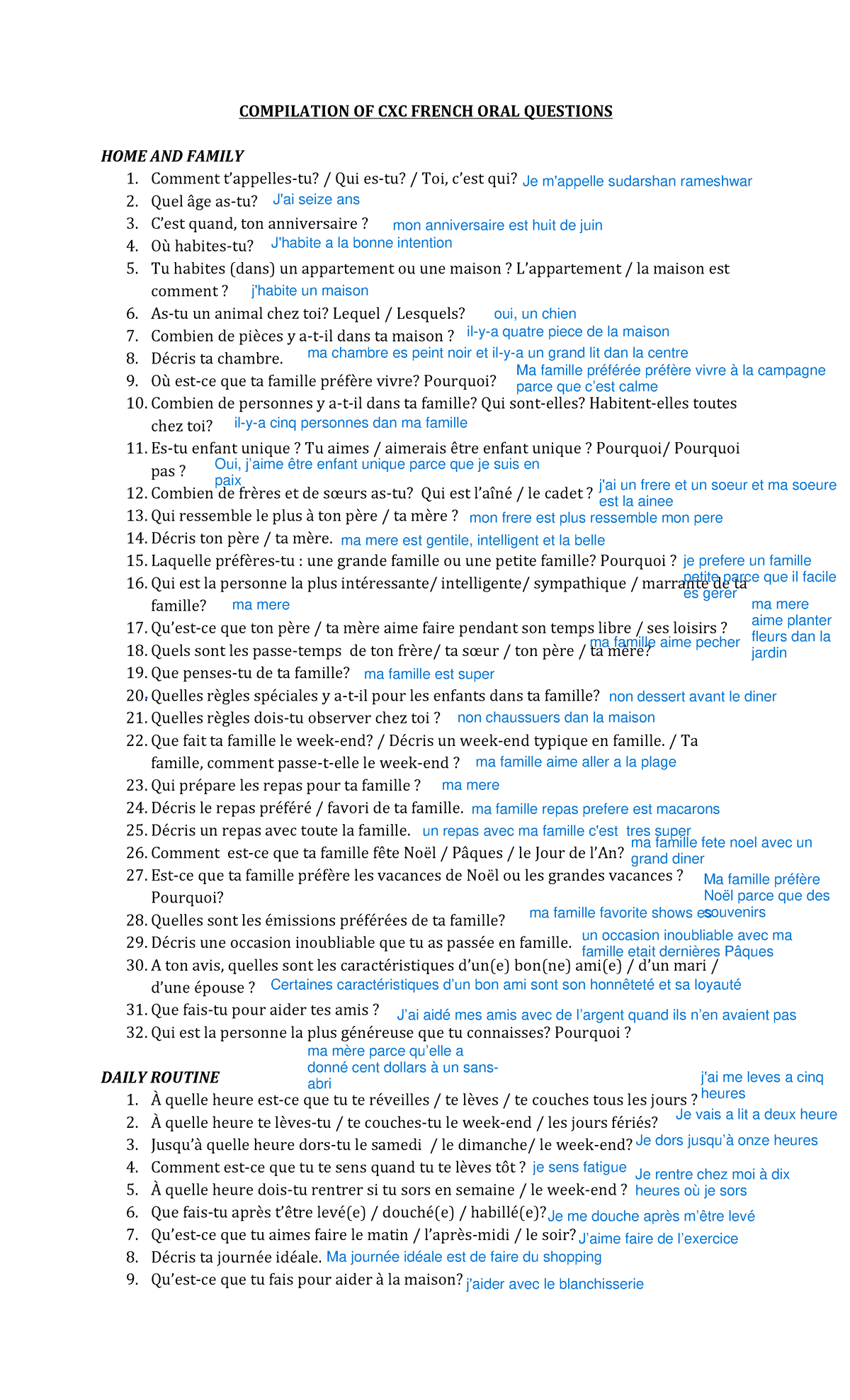 CXC French Oral Qs & As: Home, Family, Daily Routine, School, Travel ...