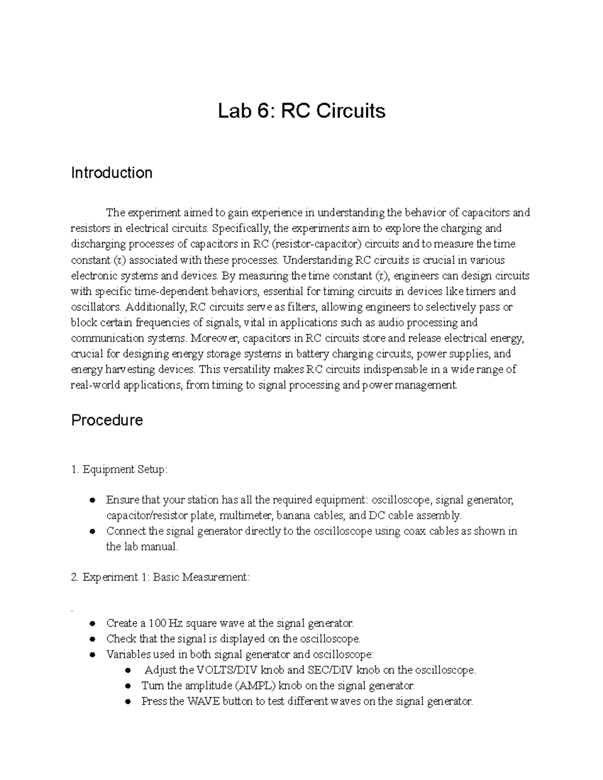 Physics 2 Lab 6 - RC Circuits Time Constant Measurement Report - Studocu