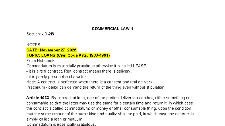 COMMERCIAL LAW 1: Notes on Loans and Commodatum Concepts - Studocu
