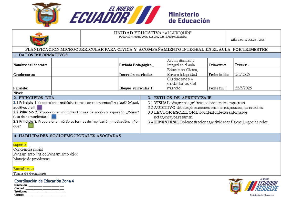 Planificación Microcurricular Cívica y Acompañamiento Integral 2025-2026 - Studocu