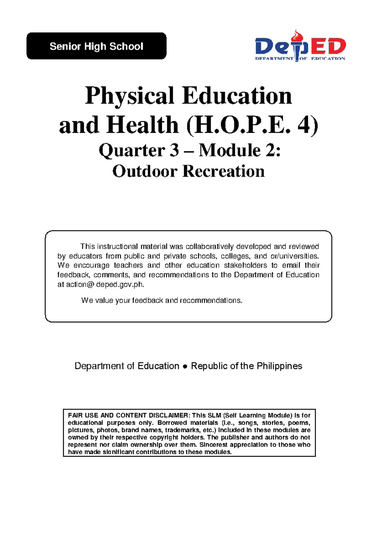 PEH12 Q3 Mod2 Outdoor Recreation v4-1 - Physical Education and Health ...