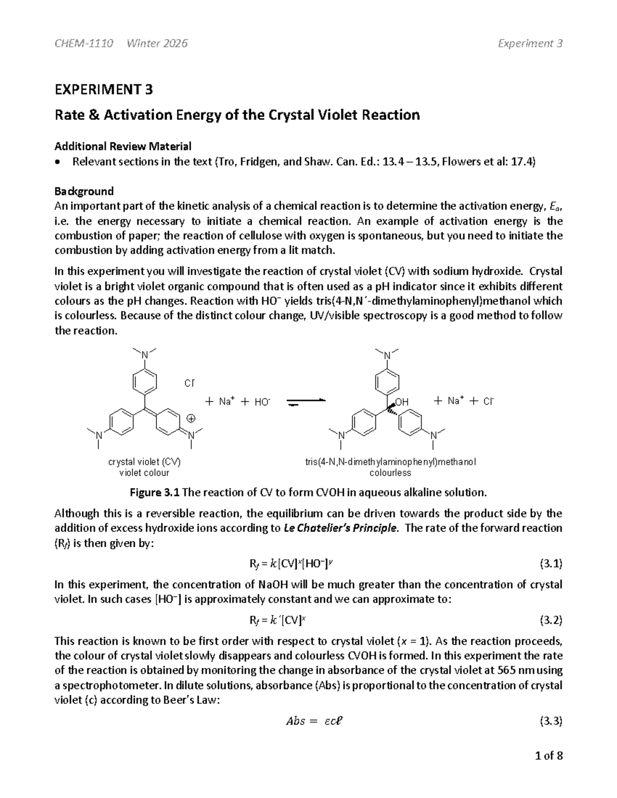 Winter 2026 Experiment 3: Rate and Activation Energy of Crystal Violet ...