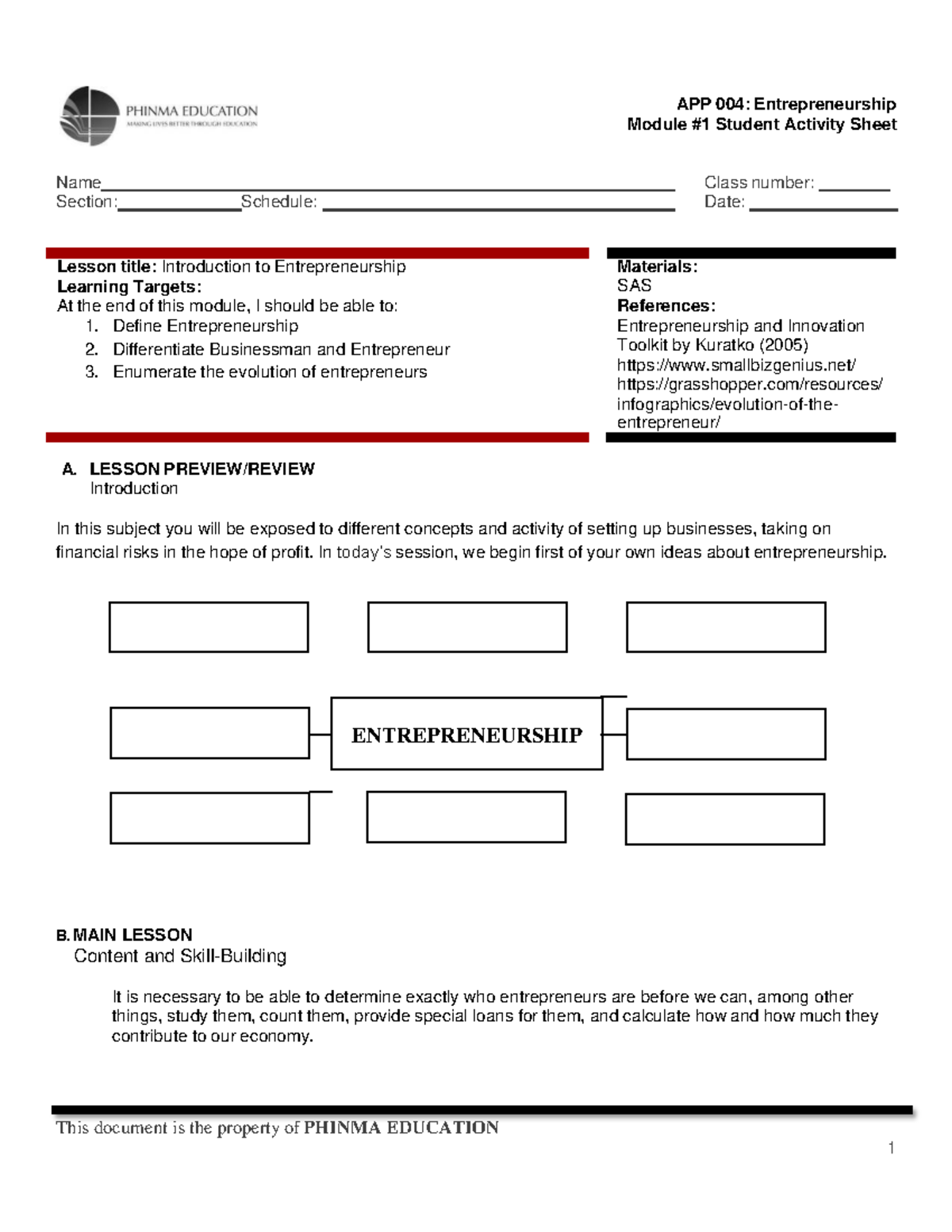 APP 004: Introduction to Entrepreneurship Lesson Activity Sheet - Studocu