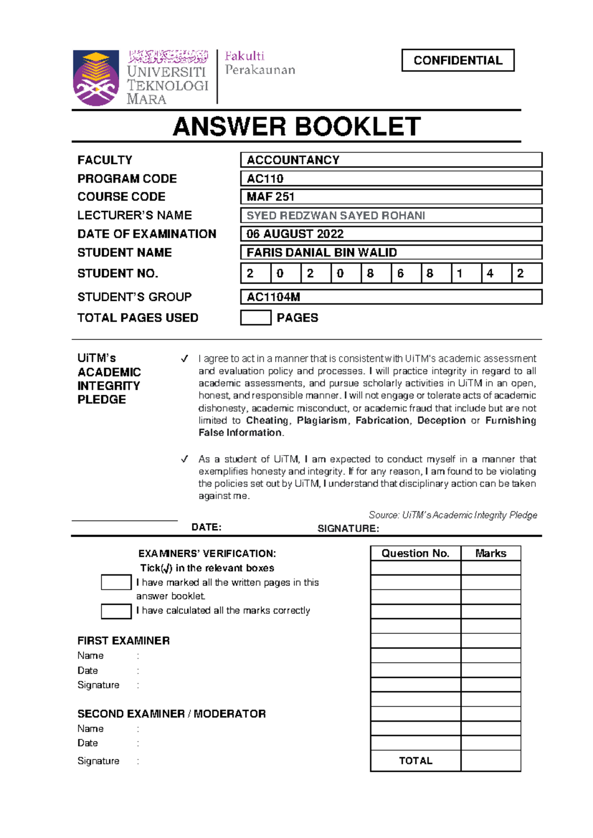 Answer Scripts Front PAGE MAF251 - ANSWER BOOKLET FACULTY ACCOUNTANCY ...