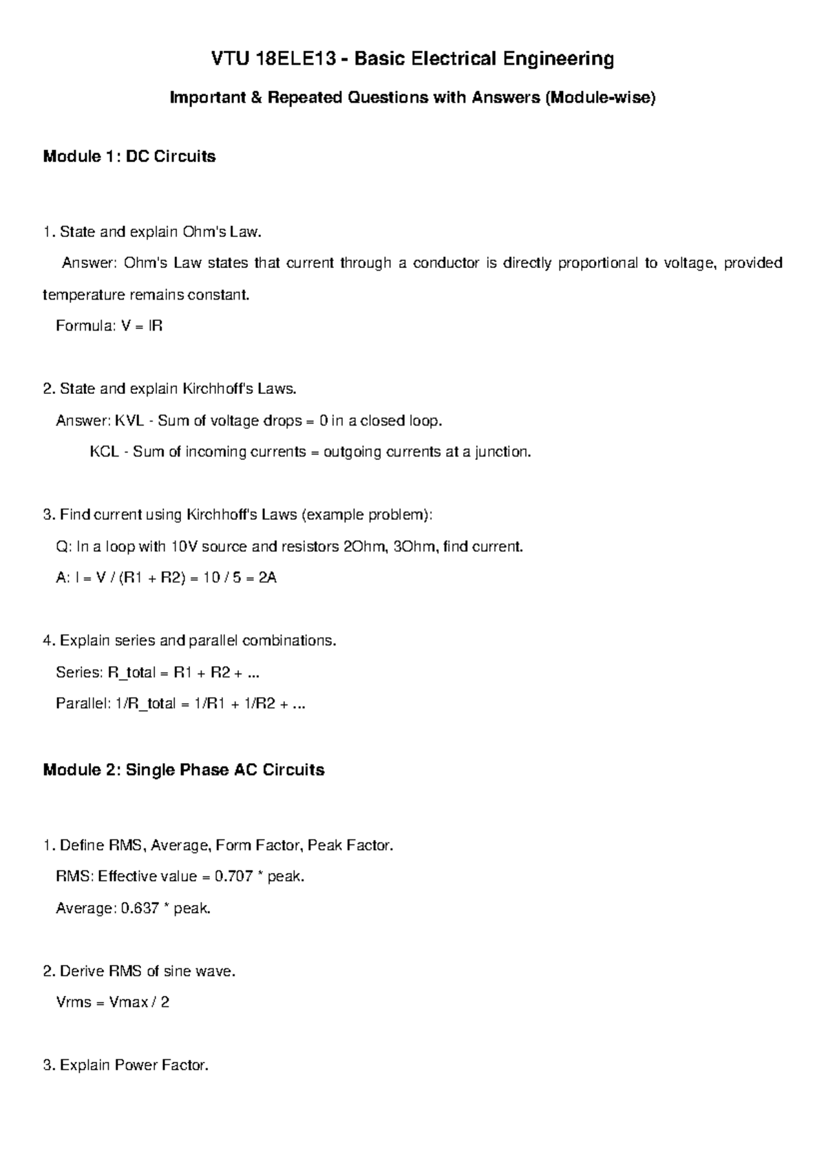VTU 18ELE13 Basic Electrical Engineering Important Questions & Answers - Studocu