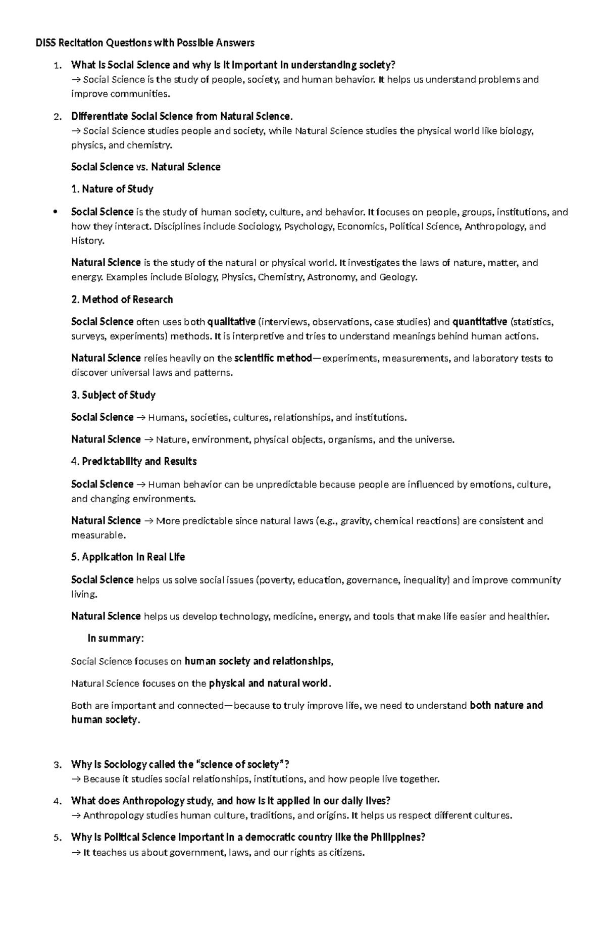 DISS Recitation Questions: Understanding Social Science Concepts - Studocu