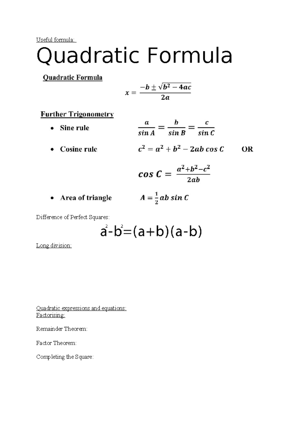 Useful formula - Useful formula: Quadratic Formula Difference of ...
