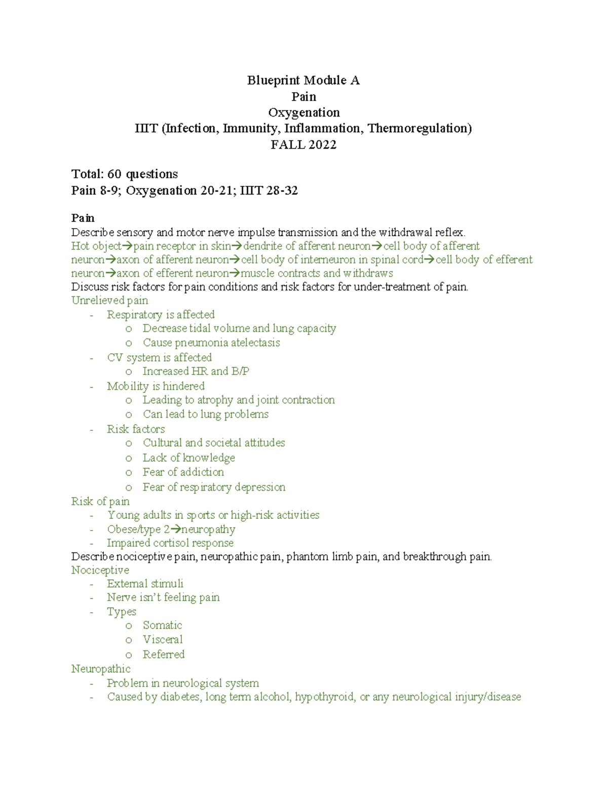 Exam Blueprint Module A: Pain & Oxygenation (Infection, Immunity ...
