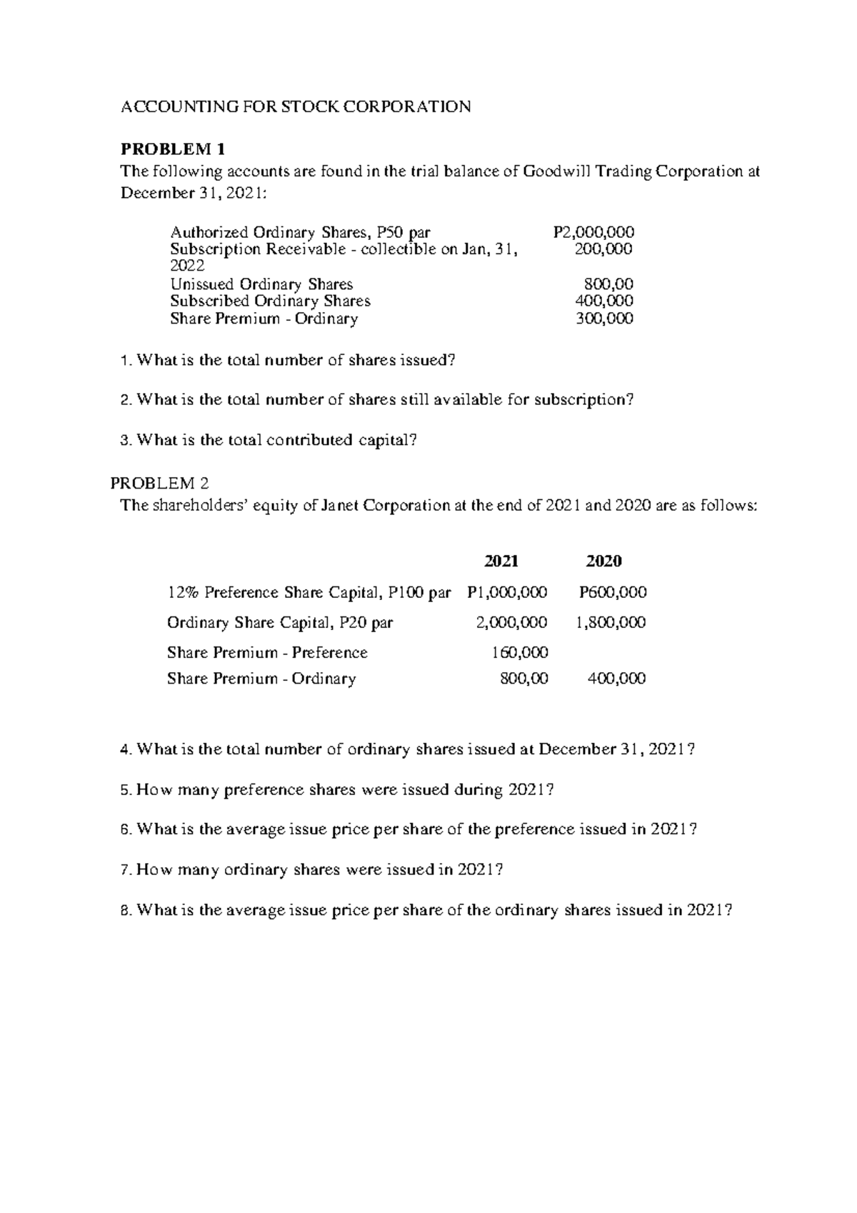 Accounting for Stock Corporations: Reviewer No Answer Key - Studocu