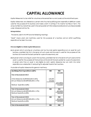 Tutorial 6 - Business Income (P3) Capital Allowance - BAC2674: Taxation 1 Tutorial 5/6: Business ...