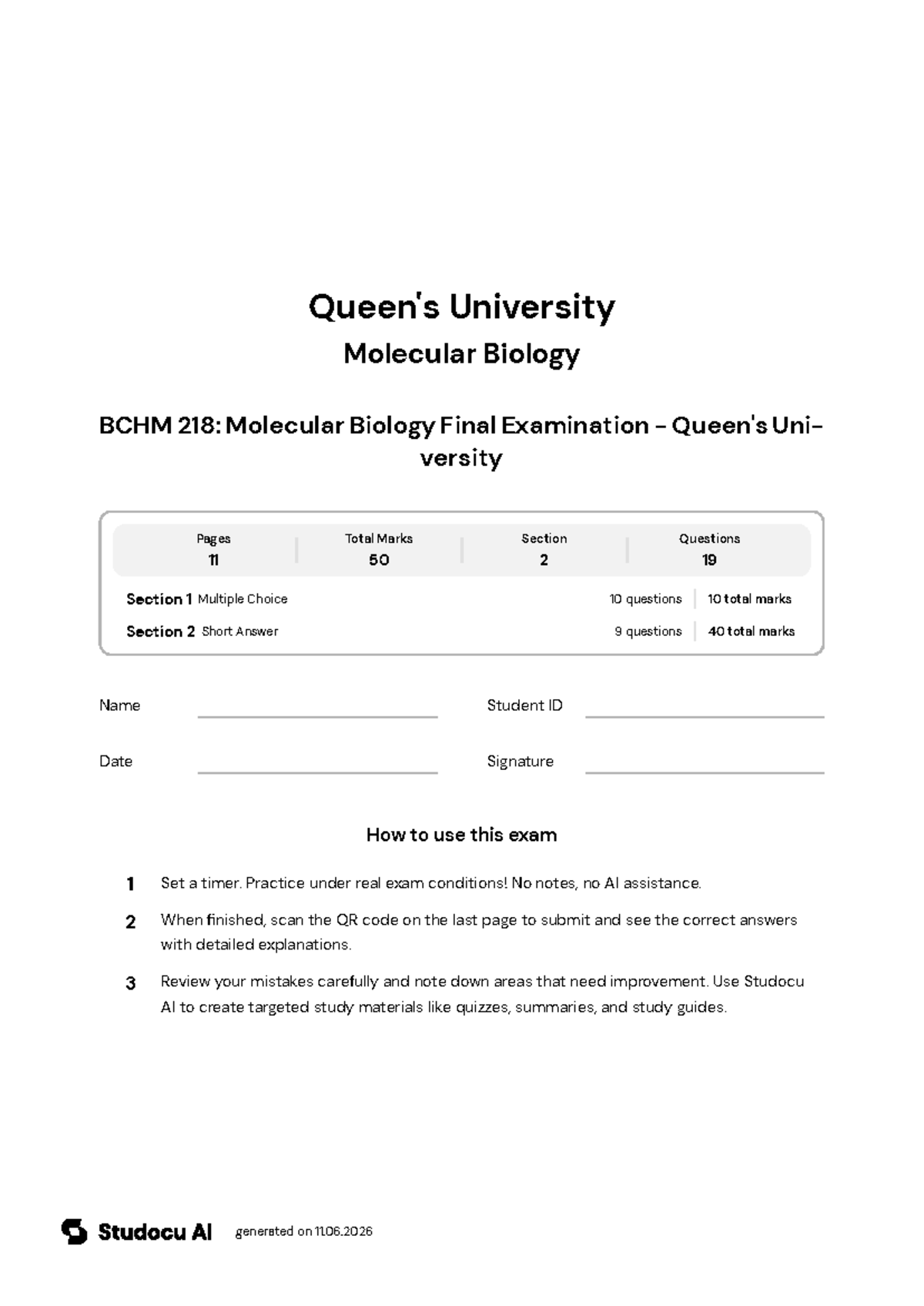 BCHM 218: Molecular Biology Final Exam - Queen's University - Studocu