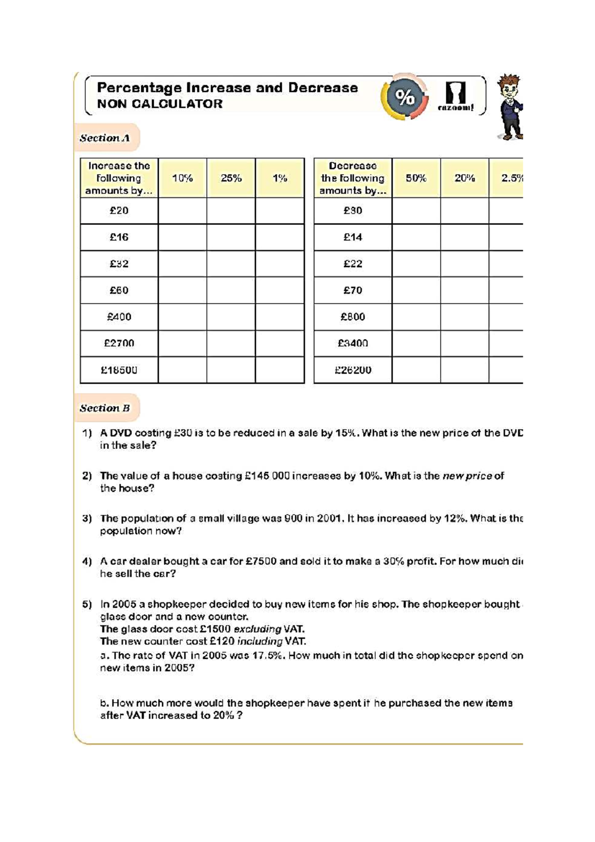 Percentage Increase and Decrease Non-Calculator I: Practice Problems ...