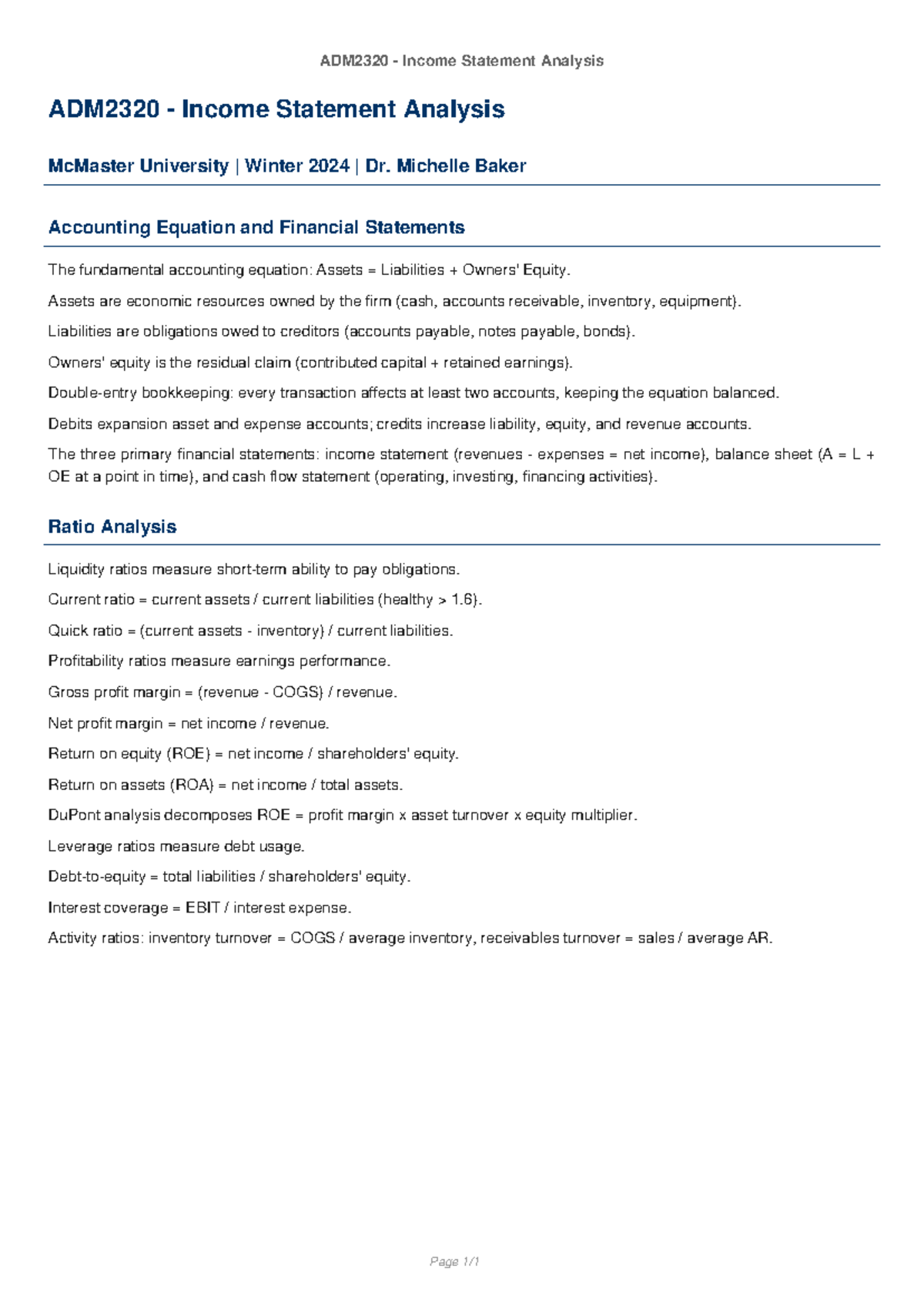 ADM2320 Income Statement Analysis Study Notes Winter 2024 - Studocu