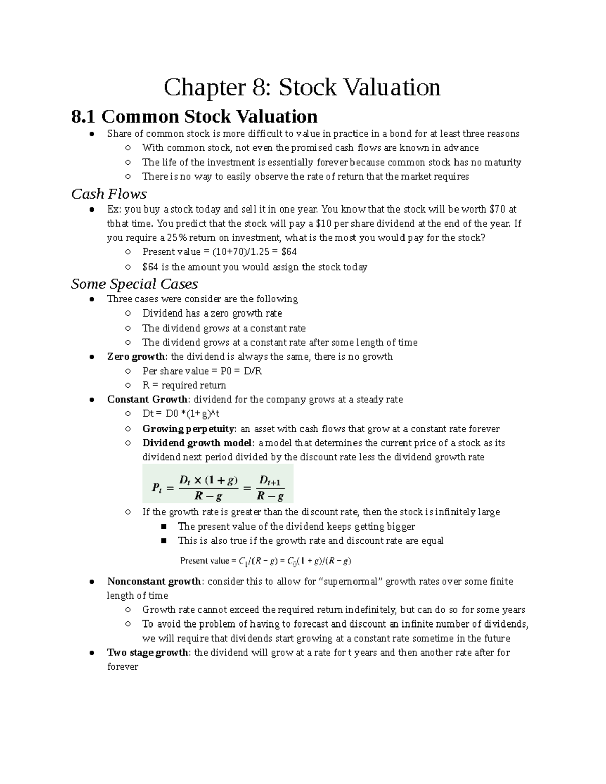 Chapter 8: Stock Valuation Insights and Key Concepts - Studocu