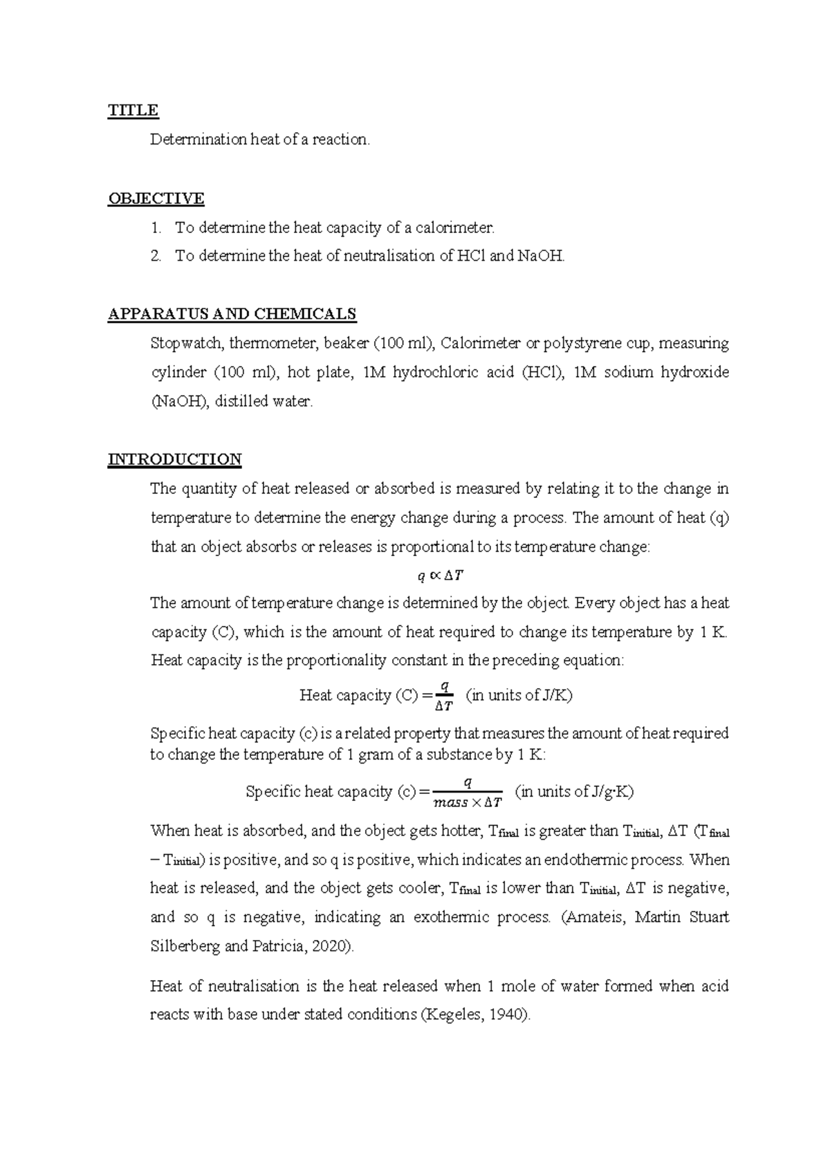lab report - Determination heat of reaction - TITLE Determination heat ...