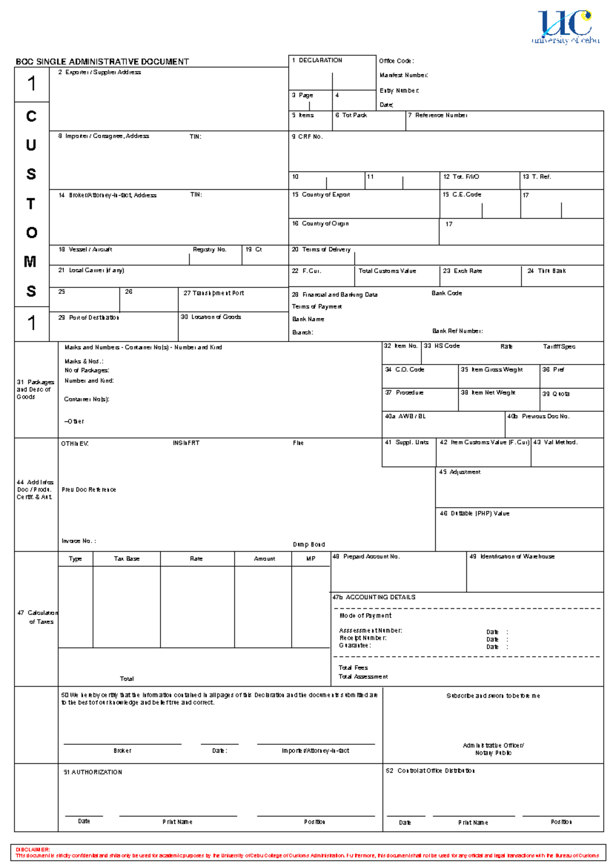 BOC Single Admin Document for SAD - Customs Declaration Overview - Studocu
