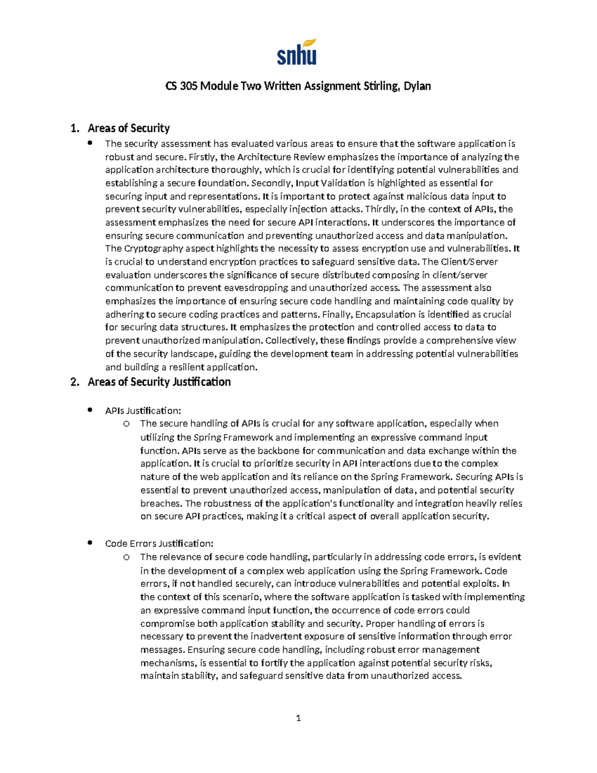 CS 305 Security Assessment & Justification - Module Two Written Assignment - Studocu