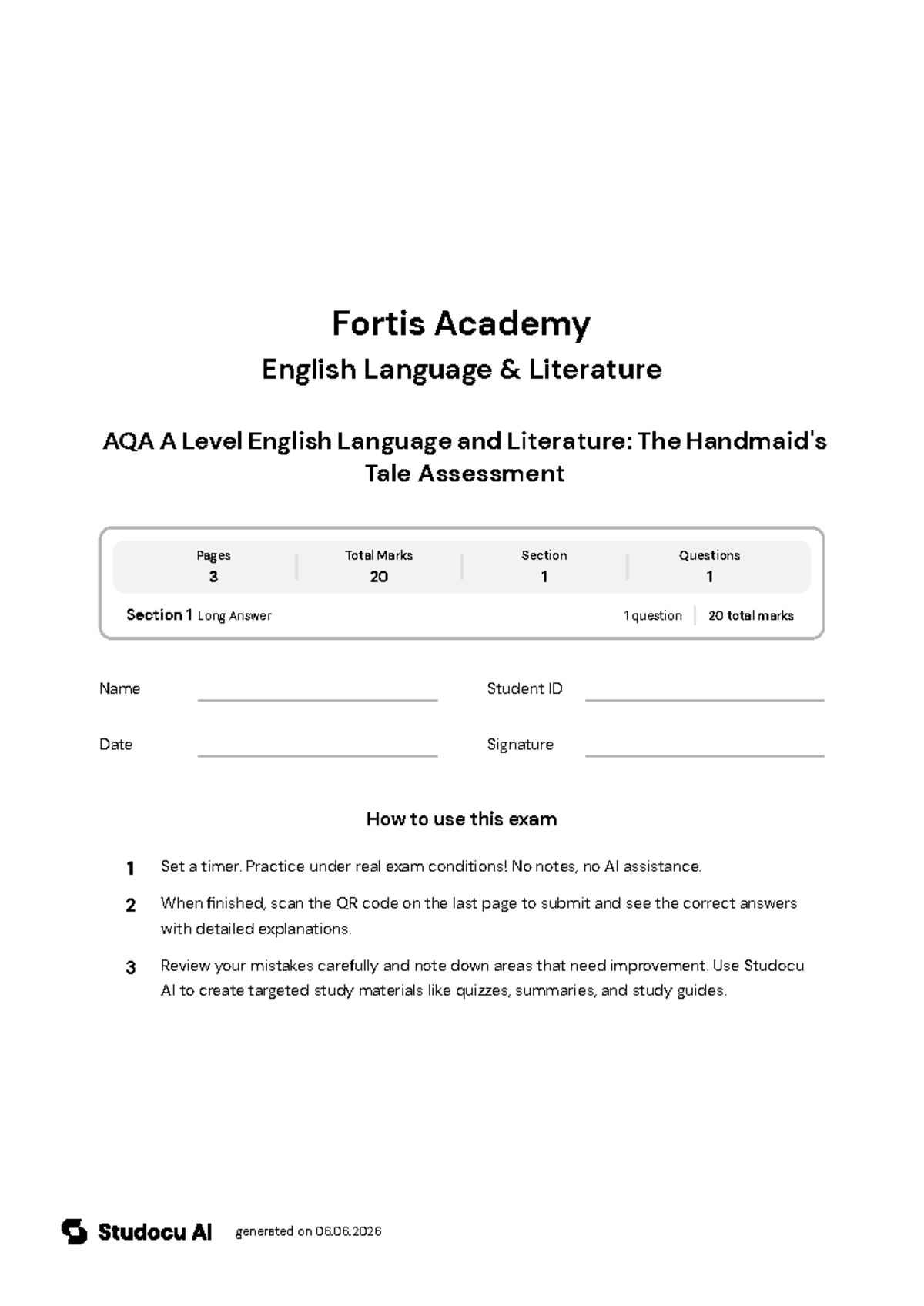 AQA A Level English Language: The Handmaid's Tale Exam - Studocu