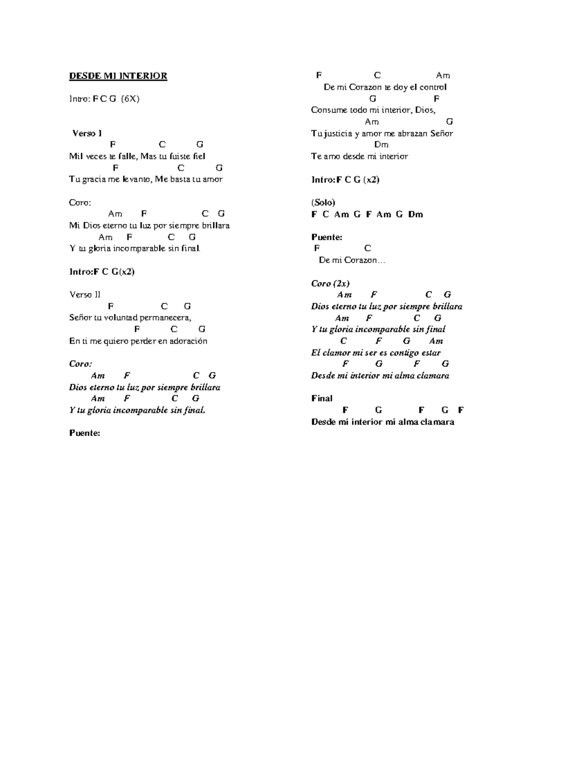 Acordes Ensayo - DESDE MI INTERIOR Intro: F C G (6X) Verso I F C G Mil ...