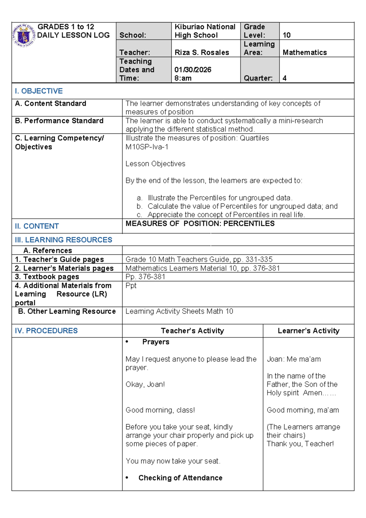 Percentiles Lesson Plan for Grade 10 Math (Final Exam) - Studocu