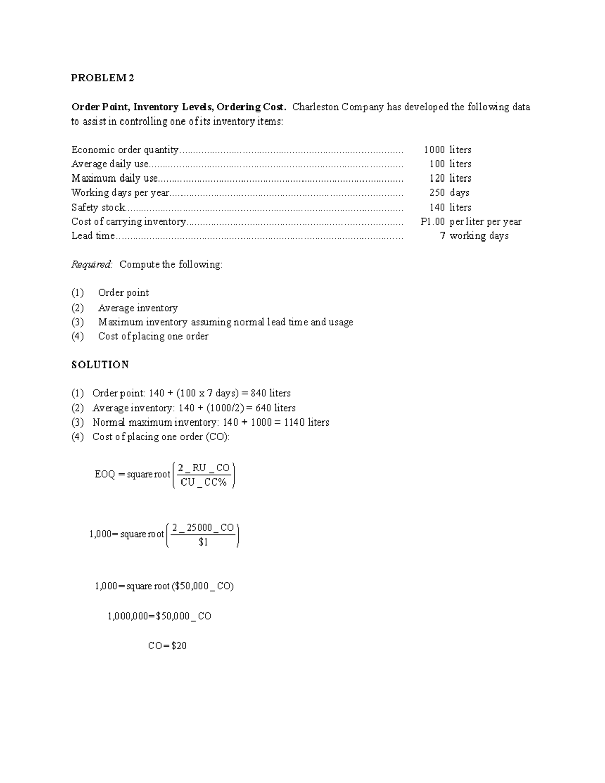 Inventory Management Analysis: Order Point & Levels Calculation - Studocu