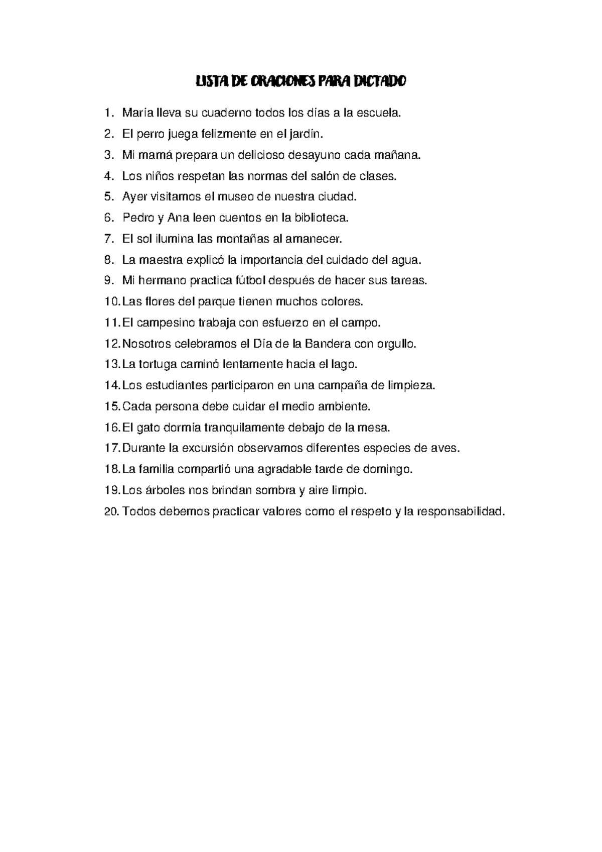 Lista de Oraciones para Dictado - Ejercicios de Español - Studocu