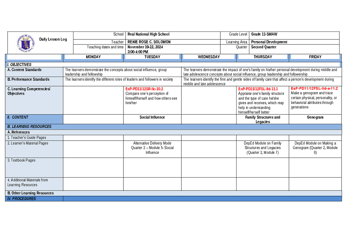 Q2 Week 5 Lesson Plan - Personal Development (Grade 11) - Studocu