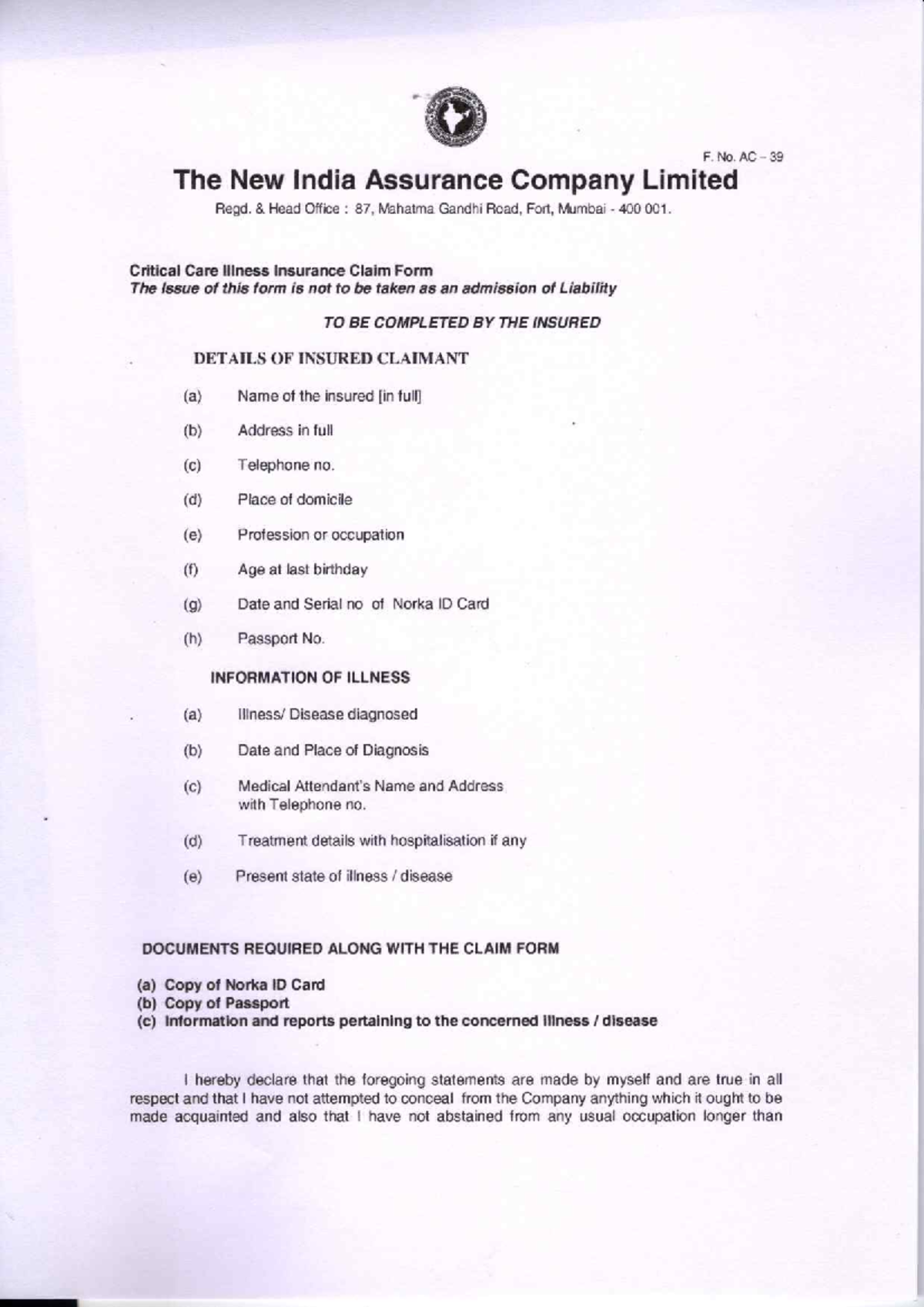 NPRI Claim FORM - afsdfs - F. No. AC 39 The New India Assurance Company ...