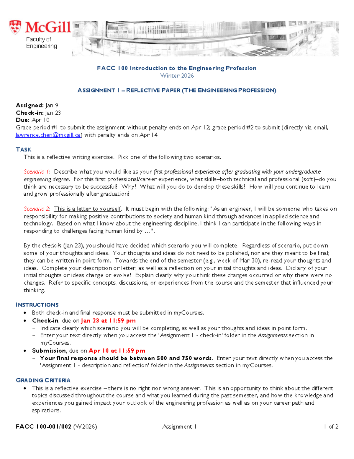 FACC 100 W2026 Assignment 1: Reflective Paper on Engineering Profession ...