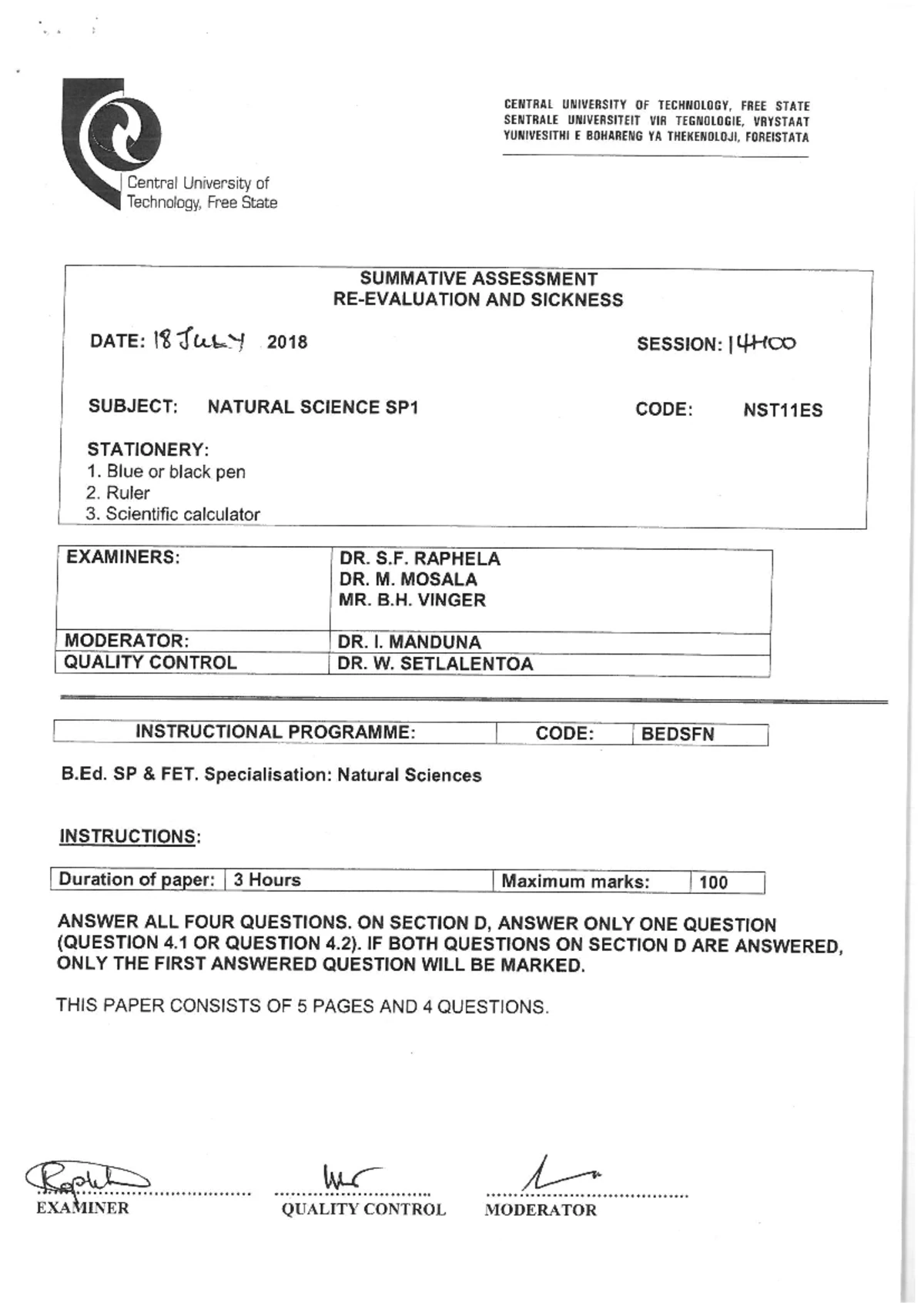 NST11ES 2017 Summative Assessment: Natural Science Main Exam Questions ...