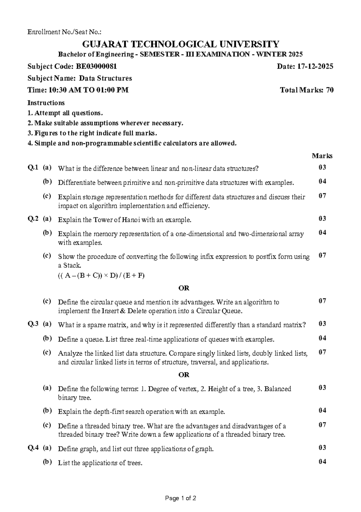 Data Structures Exam Paper - GUJARAT TECH. UNIV. Winter 2025 - Studocu