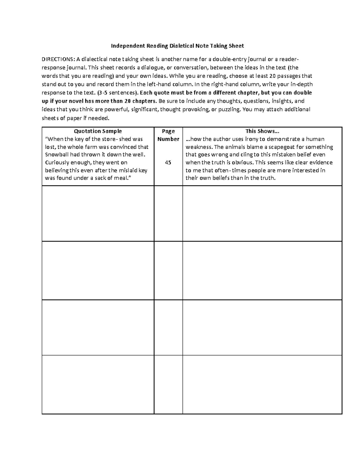 Independent Reading Dialetical Note Taking Sheet-1 - Independent ...