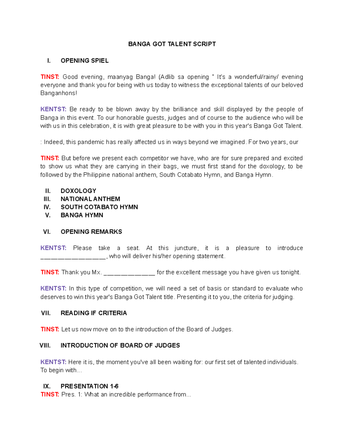 BANGA Got Talent Script for KENT Event Presentation - Studocu