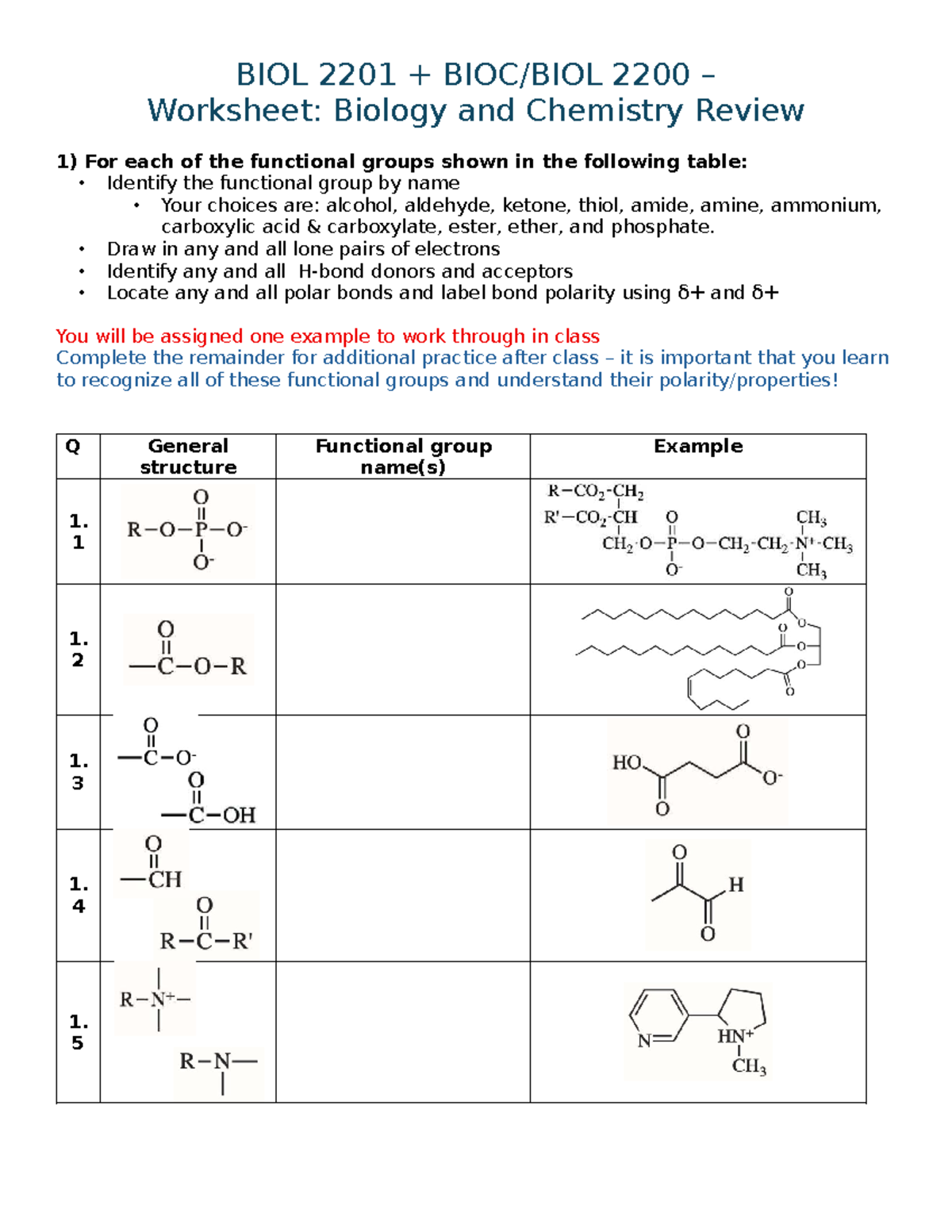 BIOL 2201 In-Class Worksheet: Biology & Chemistry Functional Groups ...
