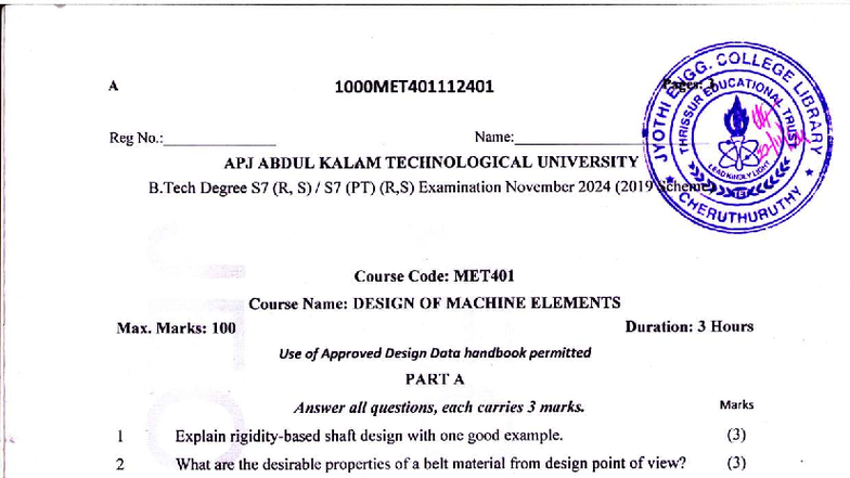 MET401 Design of Machine Elements II Exam Questions, Nov 2024 - Studocu