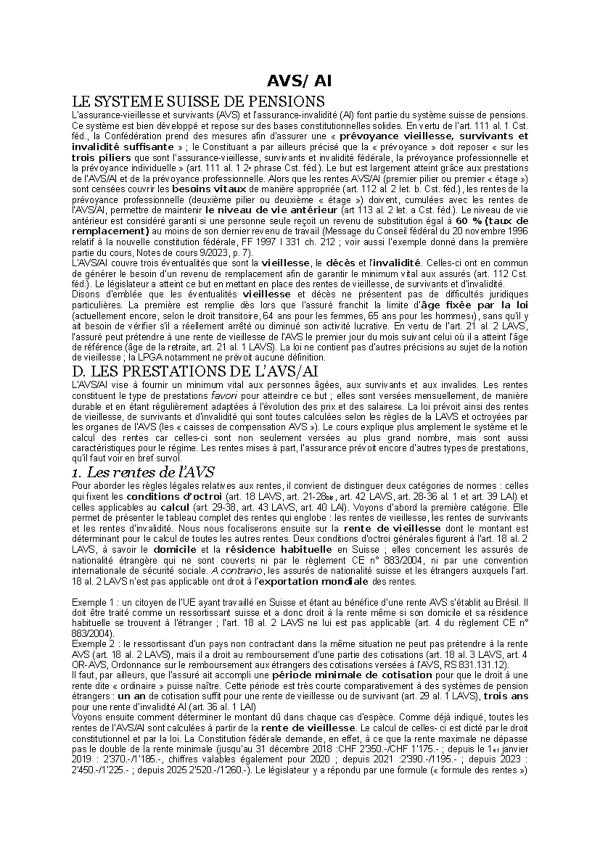 AVS et AI : Système de Pensions Suisses - Résumé des Rentes - Studocu