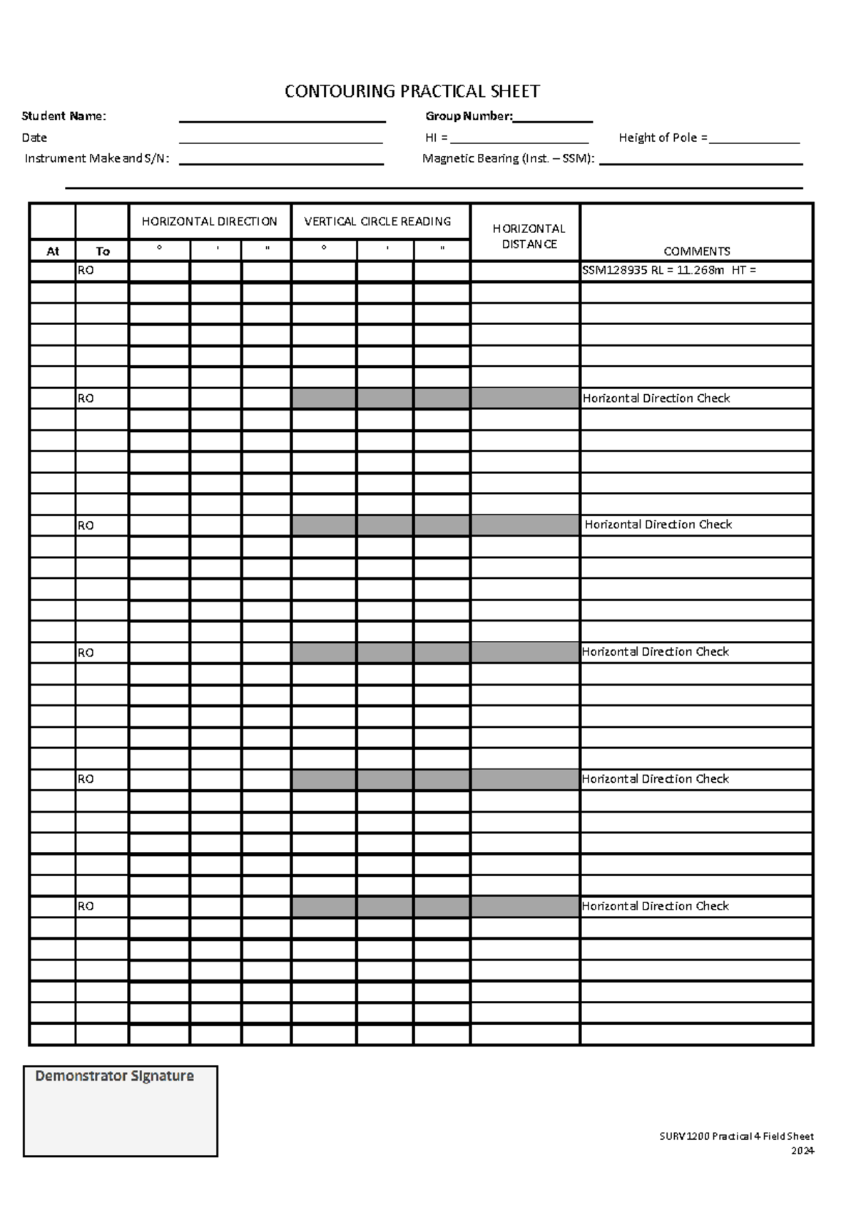 SURV1200 Practical 4 Fieldnote Sheet 2024-1 - SURV1200 Practical 4 ...