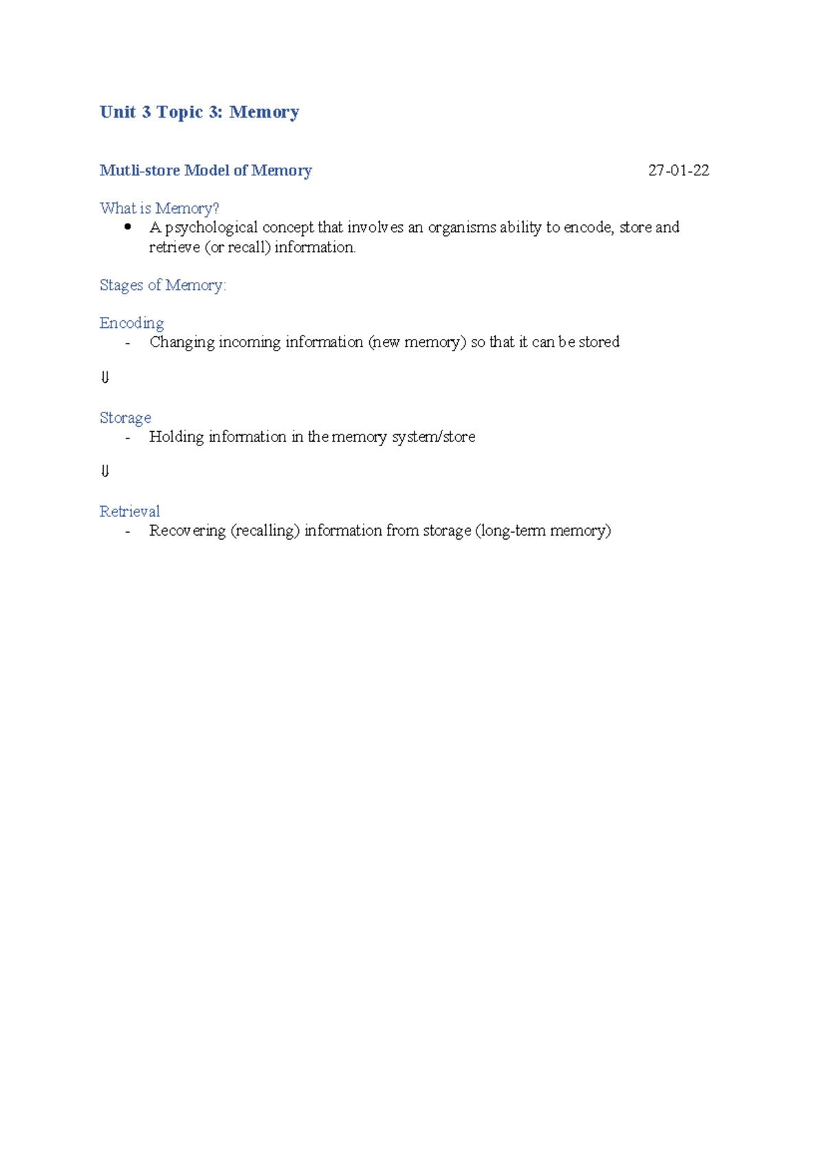 QCE Psychology Unit 3 Topic 3: Understanding Memory Models and ...