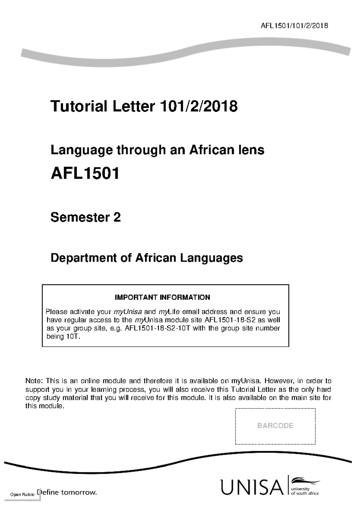 AFL1501 Tutorial Letter 101/2/2018: Language Through an African Lens ...
