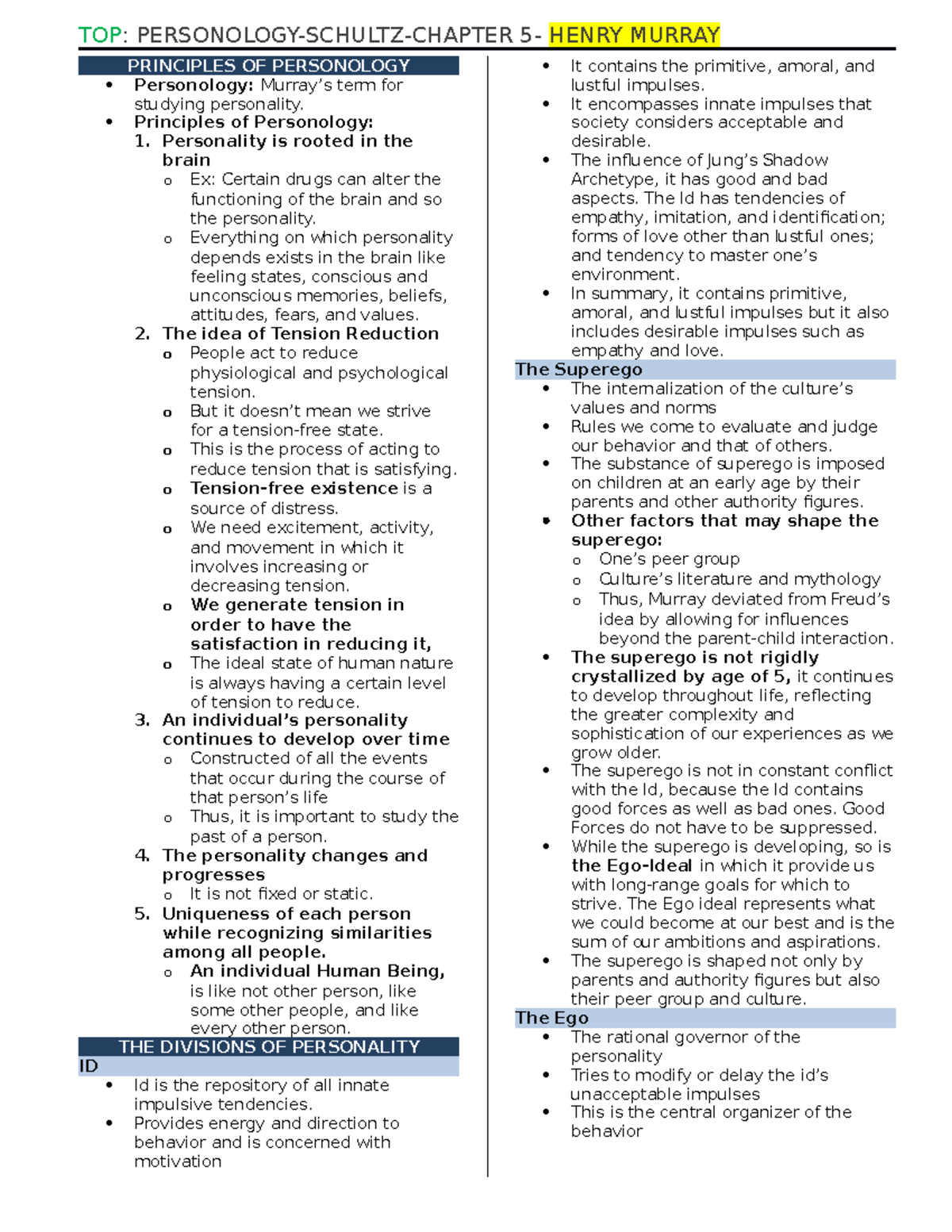TOP: Chapter 5 - Murray's Personology Principles - Schultz Study Guide ...