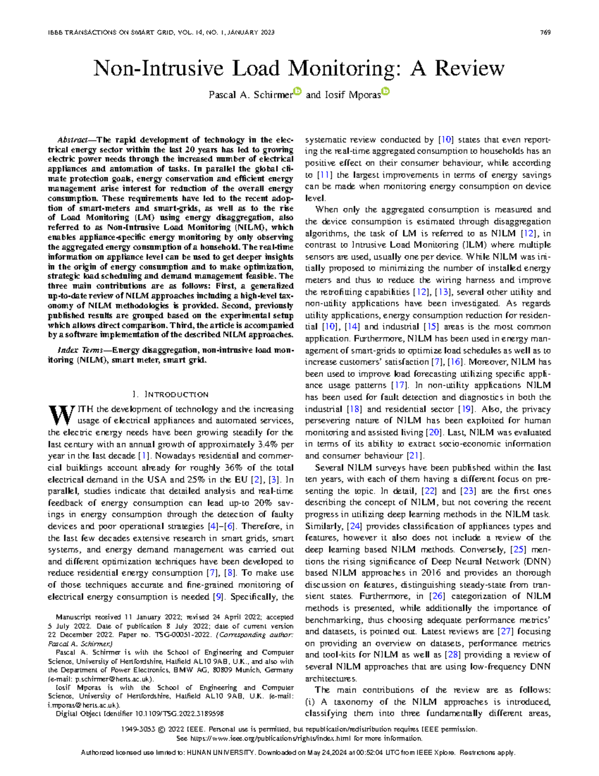 Non Intrusive Load Monitoring A Review Ieee Transactions On Smart Grid Vol 14 No 1