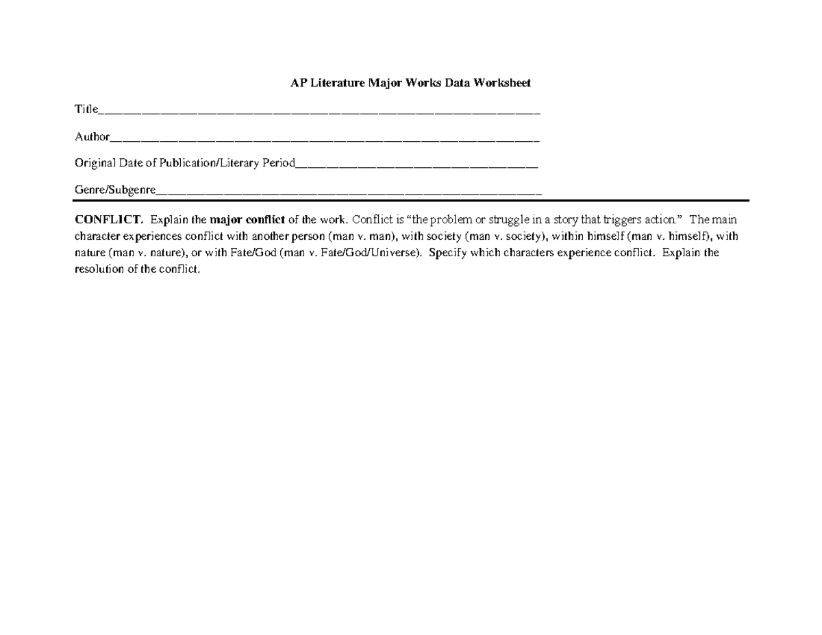 AP Literature Major Works Data Worksheet: Analyzing Conflict and Theme ...