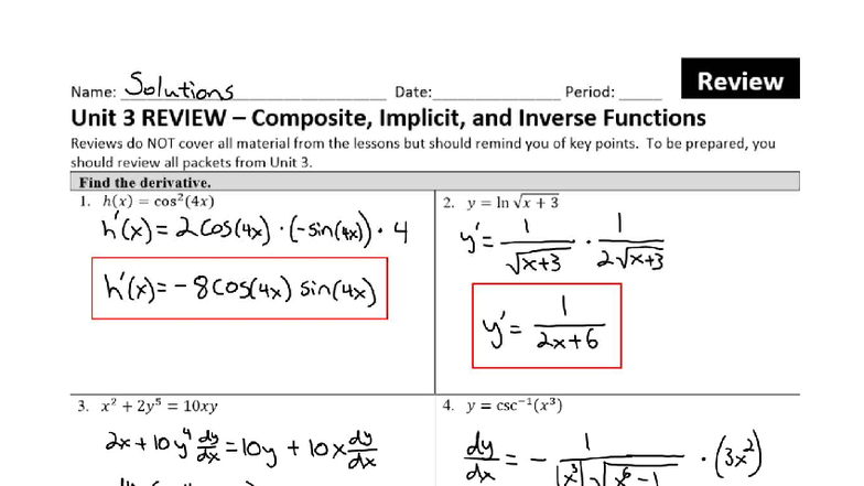 Calc Unit 3 Review Solutions: Composite, Implicit & Inverse Functions ...