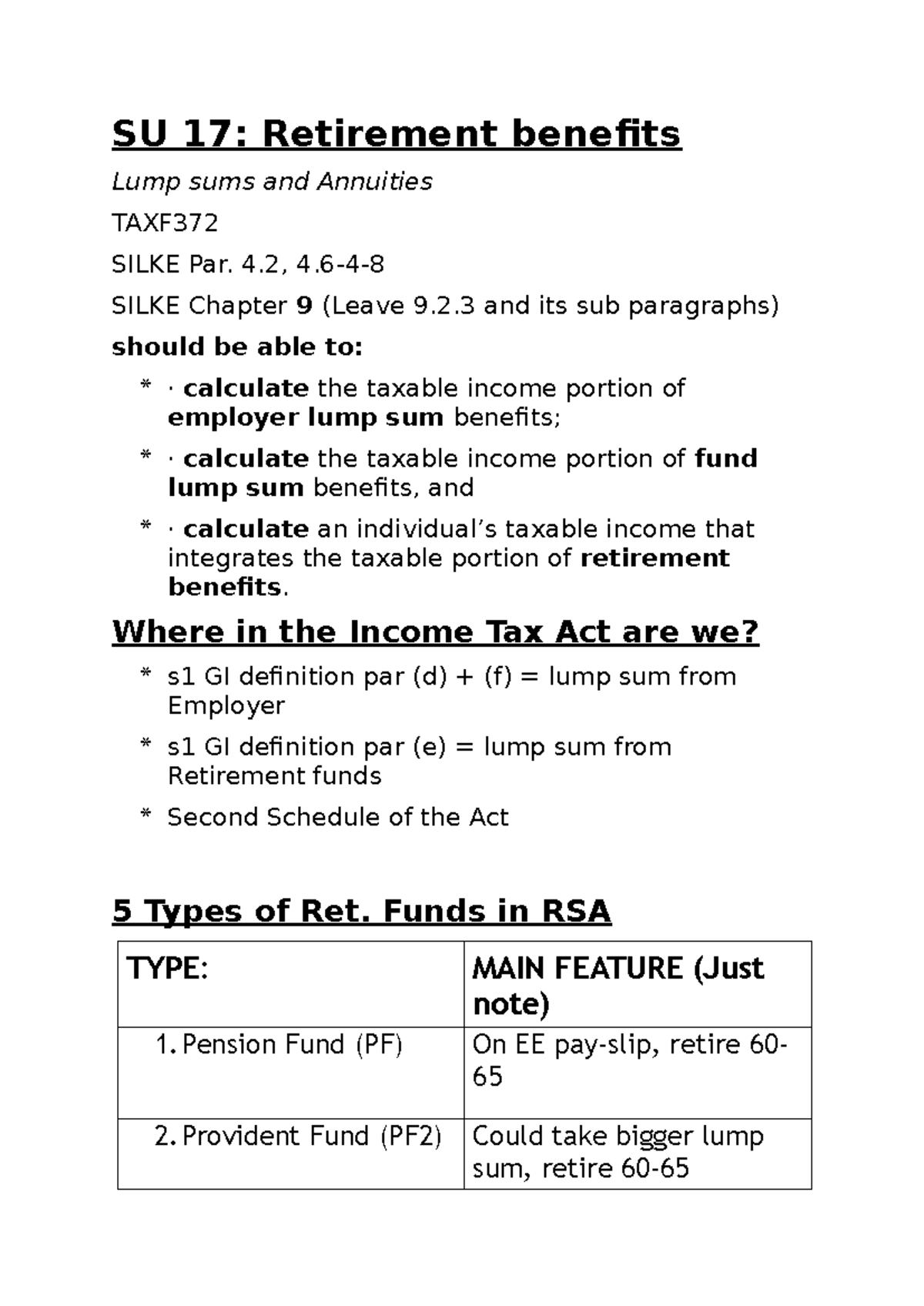 Tax SU 17: Retirement Benefits - Lump Sums & Annuities Overview - Studocu