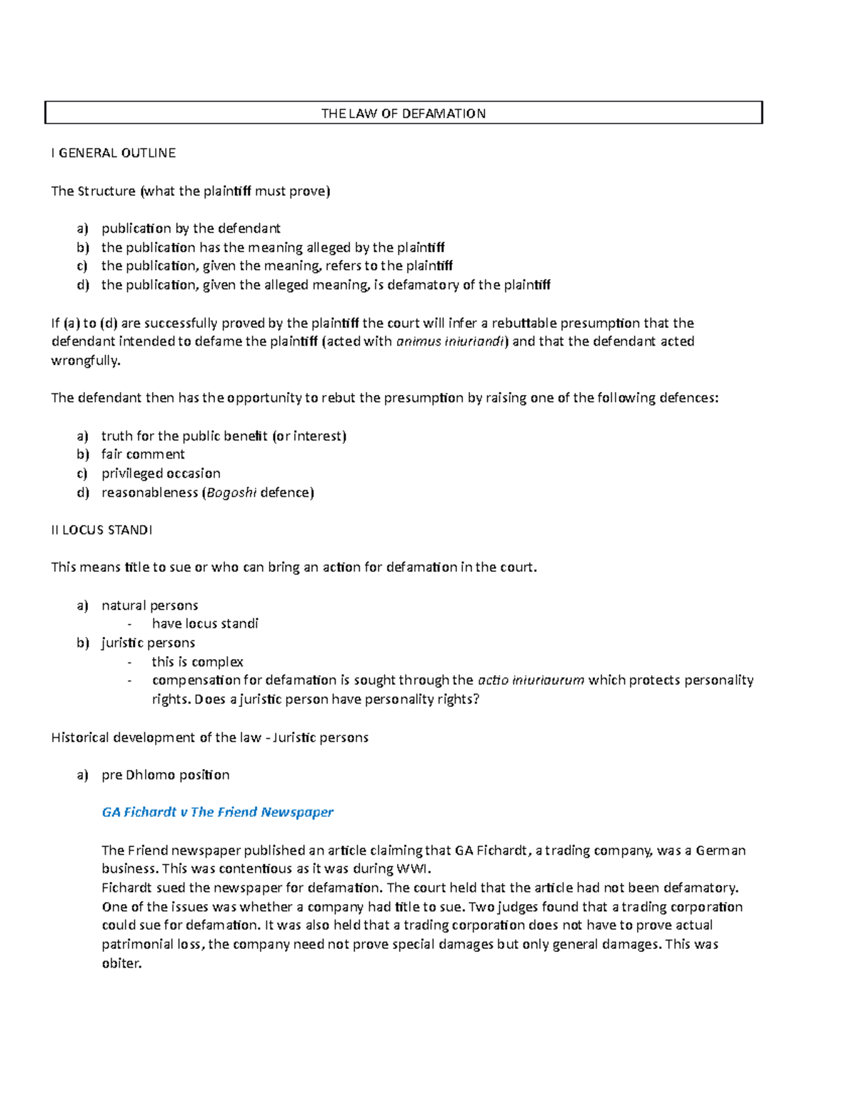 Defamation Law Overview: Key Concepts and Locus Standi Analysis - Studocu